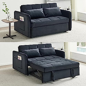 Sofa Couch w/Pull Out Sleeper Bed, 55.5” Black Velvet Upholstery Convertible Loveseat Twin Sofabed with Two Arm Pockets, 3-angle Adjustable Backrest Sofa, Build-in 2 USB Charger Ports for Living Room
