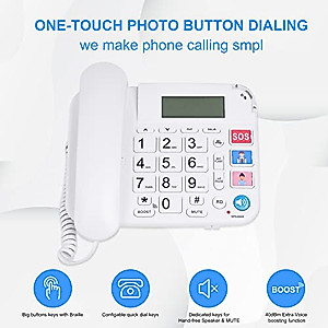 NewPal Hands-Free Dial Photo Memory Corded Phone,No Need to use Batteries,Energy efficient,Corded Telephone Big Button with Speaker, SOS Desk Telephones Easy Ready Digit Numbers, White