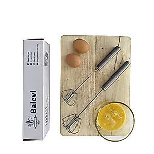 Balevi Stainless Steel Push Whisk - Easy to Use Manual Hand Mixer & Plunger Whisk - Make Froth, Foam & Whipped Cream - Semi Auto Egg Beater Plastic Tip Won’t Scratch Pans (2 Pack 10in & 12in) STEEL