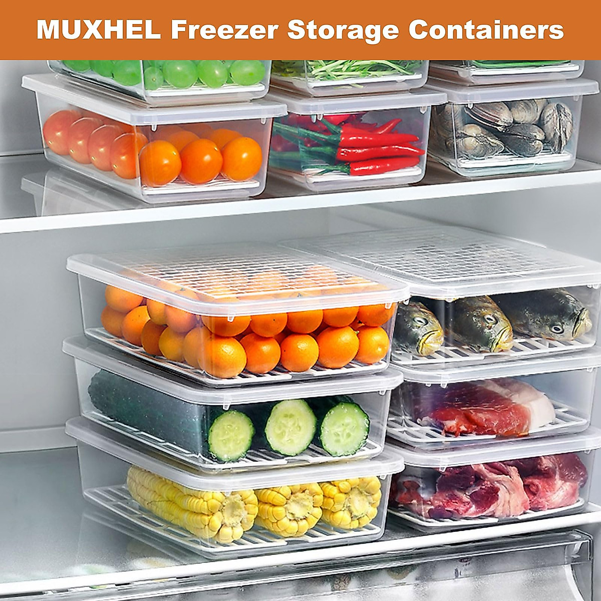 MUXHEL 6 Pcs Food Storage Container for Fridge, X-Large Fruit Storage Containers for Fridge with Lid and Removable Drain Plate, Plastic Freezer Storage Containers for Storing Fruits, Vegetables, Meat