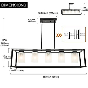 VINLUZ 5 Light Kitchen Island Chandeliers Farmhouse Black Linear Dining Rooms Lighting Fixtures Hanging with White Alabaster Glass Shade Rectangle Modern Industrial Pendant Ceiling Lights