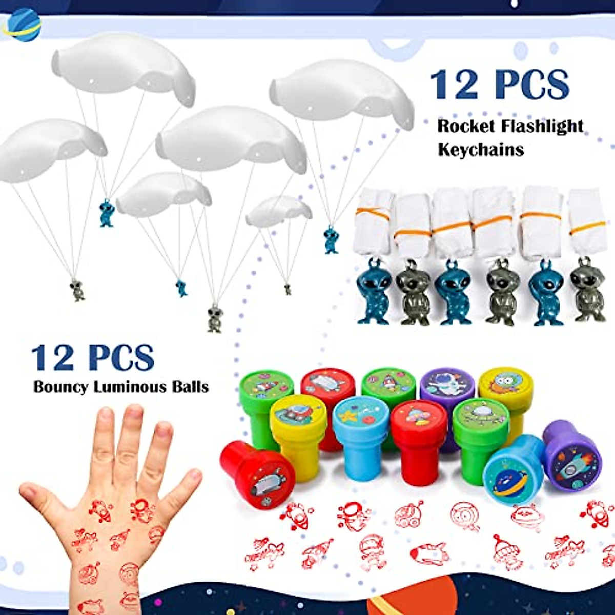 Lorfancy 96 Pcs Outer Space Party Favors Kids Space Toys Boys Girls Space Themed Party Supplies Slap Bracelets Tattoo Stickers Stampers Bouncy Ball Keychains Gift Bags Accessories Birthday Party Decorations