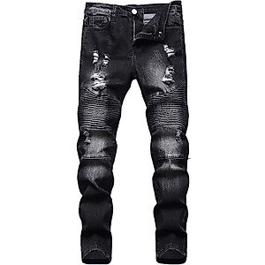 Boy's Skinny Fit Ripped Destroyed Distressed Stretch Fashion Biker Moto Denim Jeans Pants,BlackL0081,16