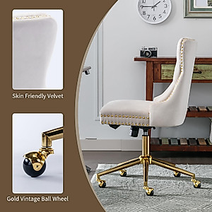 Beige Velvet Home Office Desk Chair with Wheels & Gold Base, Cute Makeup Vanity Chair with Tufted Back for Women Girls, Upholstered Adjustable Swivel Armless Office Chair for Bedroom, Beige