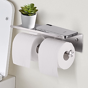YUMORE Toilet Paper Holder, 304 Stainless Steel Bathroom Double Roll Tissue Holder with Shelf, Wall Mounted Washroom Dual TP Dispenser Storage, Flushable Wipes Dispenser, Brushed Nickel Finish