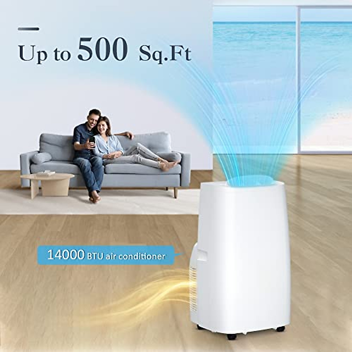 14000 BTU Portable Air Conditioners, Portable AC Unit with 90° Adjust Angle Powerful Cooling for Room Up to 500 Sq. Ft, 3 in 1 Air Conditioner, Dehumidifier & Fan Modes, with Remote, 24Hrs Timer, White