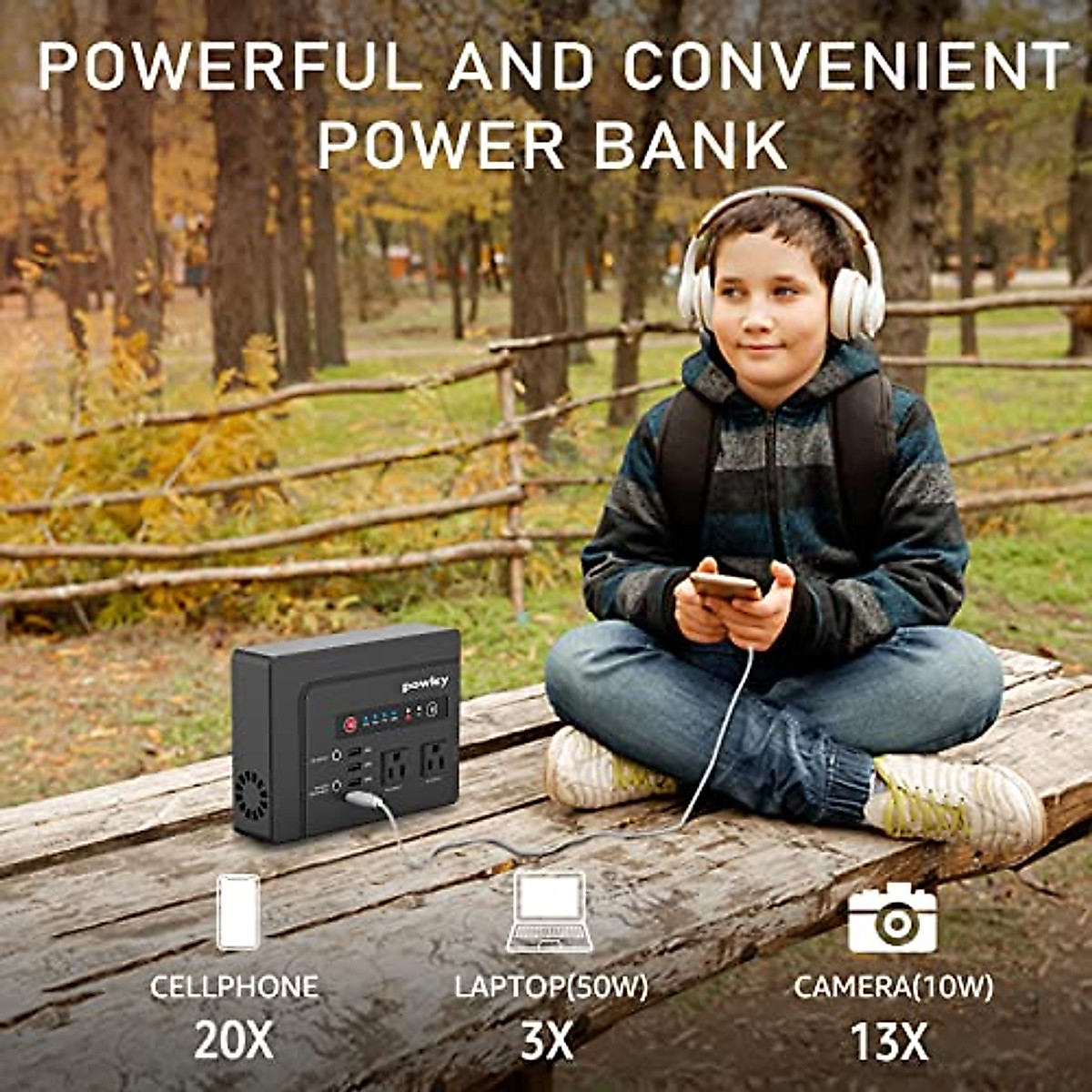 powkey 200Watt Portable Power Bank with AC Outlet, Rechargeable Backup Lithium Battery, 110V Pure Sine Wave AC Outlet for Outdoor RV Trip Travel Home Office Emergency