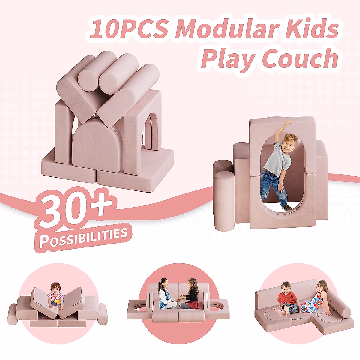 DEYGIA Modular Kids Play Couch, 10PCS Kids Modular Couch with 2 Arches and 2 Round Handrail, Kids Couch for Playroom, Modular Kids Couch for Boys and Girls, Modular Couch Kids (Pink)