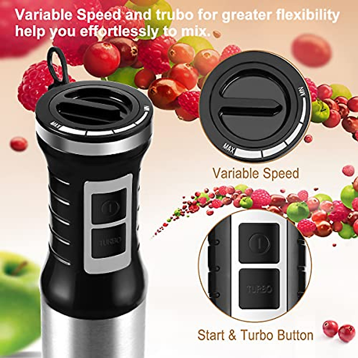 TUMIDY Immersion Blender Handheld 4 in 1 Hand Blender 500W Stepless Speed Stick Blender with Stainless Steel Blades, 750ml Chopper, 1000ml Chopper with Lid, Egg Whisk for Smoothie, Baby Food, Sauces