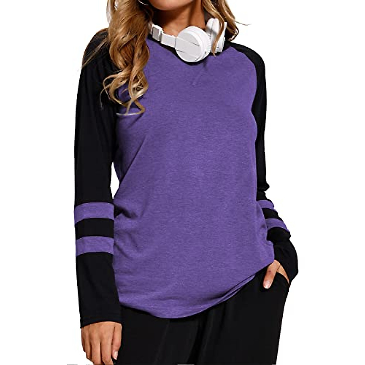 Heymiss Womens Shirts Long Sleeve Color Block Casual Work Out Tunic Tops Sexy Basic Oversized Tshirt Purple Black XXL