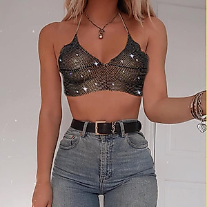 Yokawe Rhinestone Crop Tube Top Black Glitter Crystal Tank Top Sexy Backless Halter Bra Chain V Neck Bikini Chains Party Rave Festival Nightclub Body Accessories Jewelry for Women and Girls
