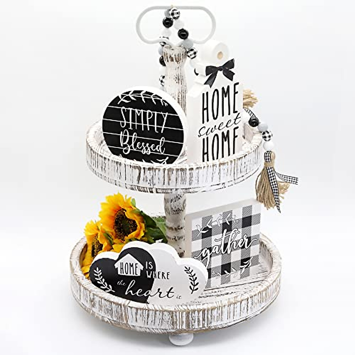 2 Tiered Tray Stand for Decor, Rustic Wooden Farmhouse Decorative Tray for Home Coffee Table Kitchen Counter by Witsbrez (White Wash)