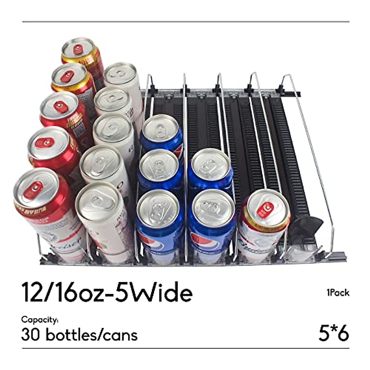 CNDSE Soda Can Organizer for Refrigerator,Spring Loaded Fridge Drink Organizer,Width-adjustable Push Rod Slide Rail Drink Dispenser for Refrigerator,Black (14.9in-6)