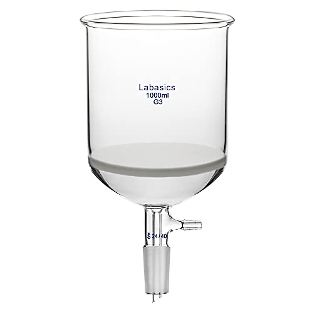 Labasics Borosilicate Glass Buchner Filtering Funnel with Fine Frit (G3), 114mm Inner Diameter, 120mm Depth, with 24/40 Standard Taper Inner Joint and Vacuum Serrated Tubulation (1L)