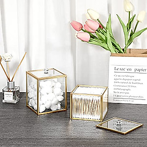 Hipiwe 2 Pack Glass Qtip Holder Dispenser With Lid Gold Bathroom Containers for Cotton Balls Makeup Sponges Bath Salts Candles Vanity Canisters Countertop Storage Organizer Jar