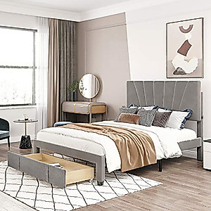 Rhomtree Queen Size Bed Frame with 1 Big Storage Drawer, Velvet Upholstered Storage Bed Frame, Easy Assembly, Queen Size Frame (Gray)