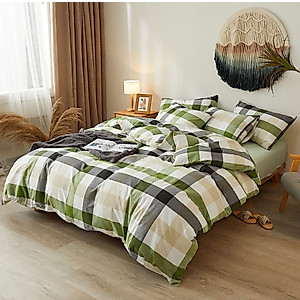 DONEUS 100% Washed Cotton Duvet Cover Queen Size - Green White Plaid Duvet Cover for All Seasons - 3 Pieces Linen Like Soft Comfy Duvet Cover Set with 2 Pillow Shams (Green, Queen, 90"x90")