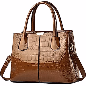 XingChen Handbag and Purse for Women Patent Leather Shoulder Bag Crocodile Pattern Top-Handle Satchel Tote Wallet(Brown)