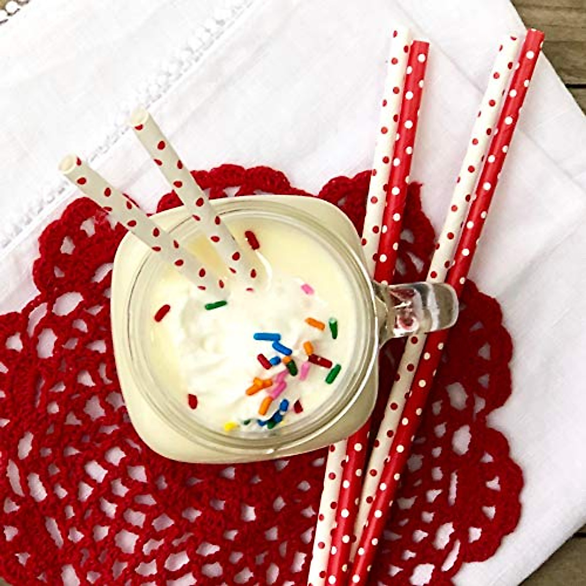 Red and White Paper Straws - Polka Dot Straws - 7.75 Inches - 50 Pack