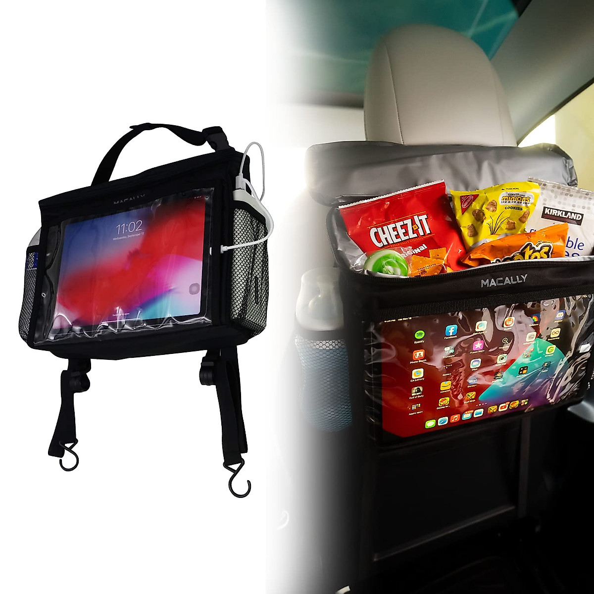Macally Tablet Holder for Car Back Seat - A Must Have Organizer and Rear Facing Backseat iPad Holder for Kids on Long Drives - Hanger Case Compatible with Any Vehicle Headrest and Tablets up to 10.5”