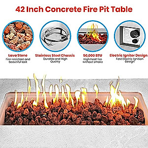 Concrete Outdoor Propane Fire Pit Table - CSA/ETL Certified Safe 50,000BTU Pulse Ignition Weatherproof Square Propane Gas Fire Table - Adjustable Flame, Thermocouple - PVC Cover, Lava Rock- SLFPCN56