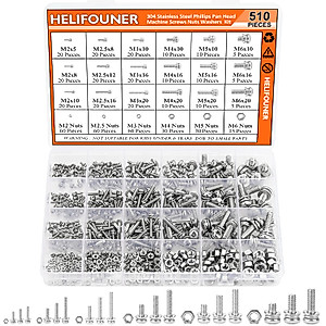 HELIFOUNER 510 Pieces Phillips Pan Head Machine Screws Nuts Washers Assortment Kit, Stainless Steel 304, Full Thread (M2 M2.5 M3 M4 M5 M6)