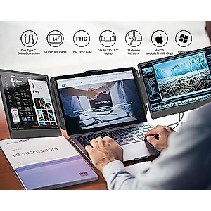 KEFEYA Laptop Screen Extender,14" Triple Screen Laptop Monitor Extender, 1080P FHD Portable Monitor for 13"-17.3" Laptops, HDMI/USB-A/USB-C for MacBook, Windows, Chrome, Switch, Plug and Play