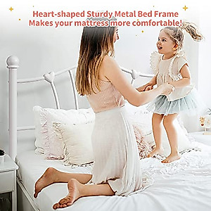 Amyove White Twin Metal Bed Frame with Heart Shaped Headboard and Footboard Solid Metal Platform Mattress Foundation Noise-Free Heavy Duty Bed Slats Support No Box Spring Needed, Easy Assembly