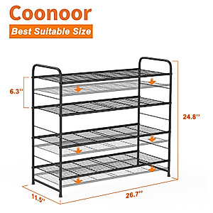 Coonoor 4 Tier Shoe Rack,Stackable and Adjustable Multi-Function Wire Grid Shoe Organizer Storage,Black