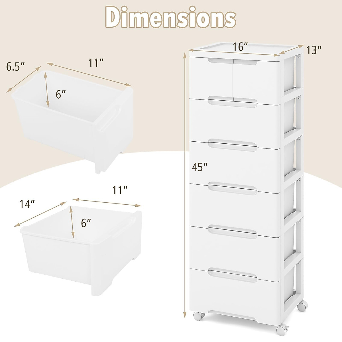 Byroce Plastic Storage Drawer Cart, Mobile Utility Cart, Home Craft Organizer with 7 Drawers & Lockable Wheels, Slim Rolling Storage Cart for Living Room, Bathroom, Dorm & Office (16”L x 13”W x 45”H)