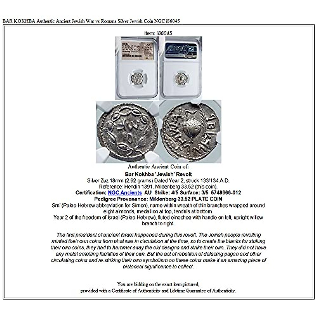 1 IT BAR KOKHBA Authentic Ancient Jewish War vs Romans Denomination_in_description AU NGC