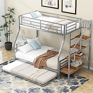 RORIGAT Twin Over Full Bunk Bed with Trundle,Metal Bunk Beds with Storage Staircase and Guard Rail,Bunk Bed Twin Over Full Size for Kids Boys Girls Teens Bedroom,Silver