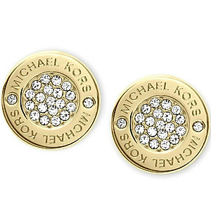 Michael Kors MKJ3351 Gold Logo Plaque w Crystals Pave Stud Earrings