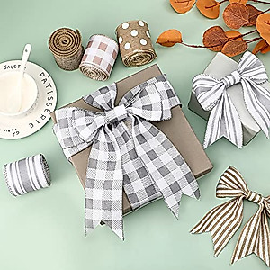 6 Rolls 30 Yards Christmas Buffalo Plaid Ribbon Wired Edge Ribbons Burlap Ribbon White Plaid Stripe Gray Ribbon for Christmas party supplies DIY Wrapping Wreath Bow Craft Decor, 2.5 Inch(Fresh)