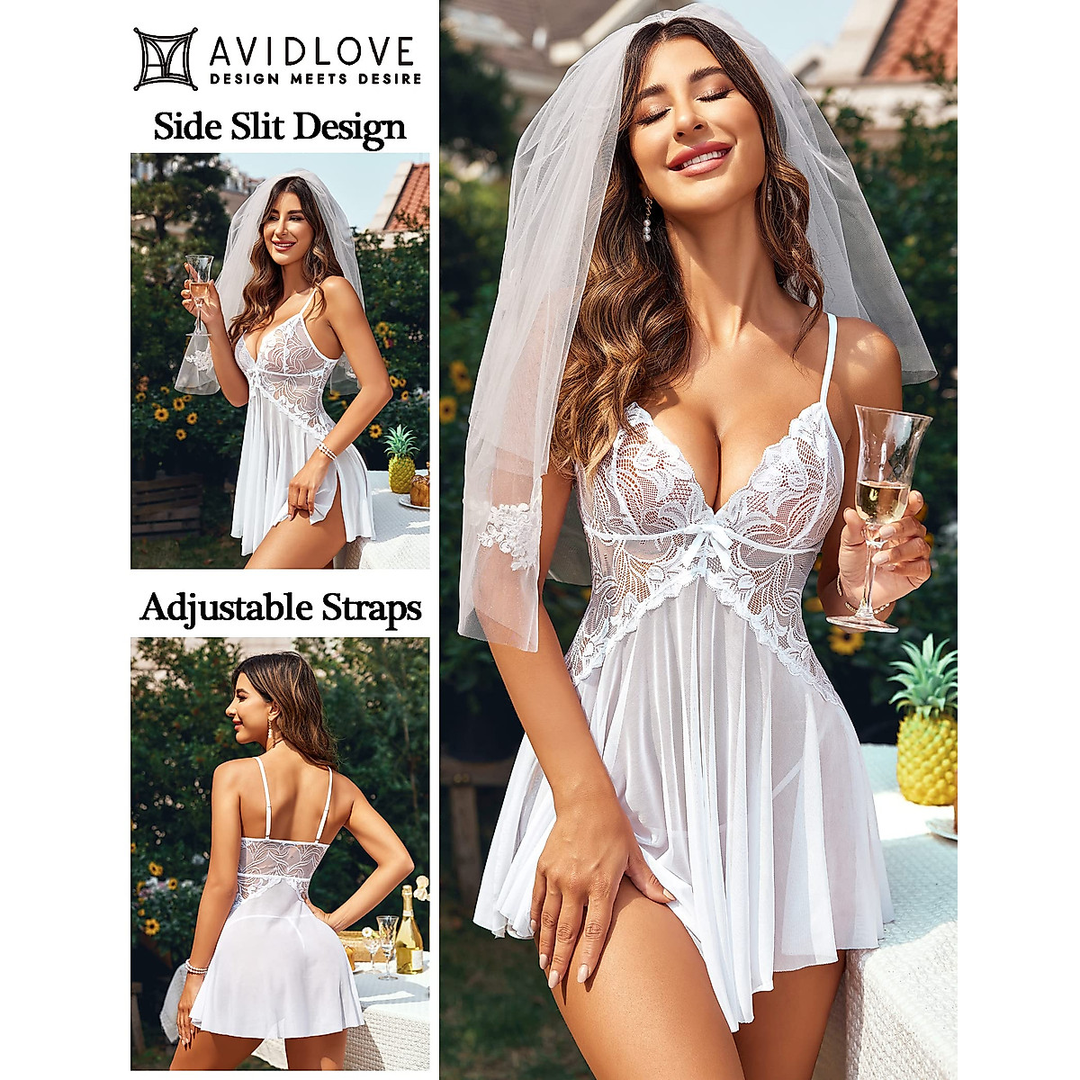 Avidlove Women Babydoll Lace Chemise Honeymoon Lingerie V Neck Sleepwear Full Slip Nightwear Sheer Nightdress