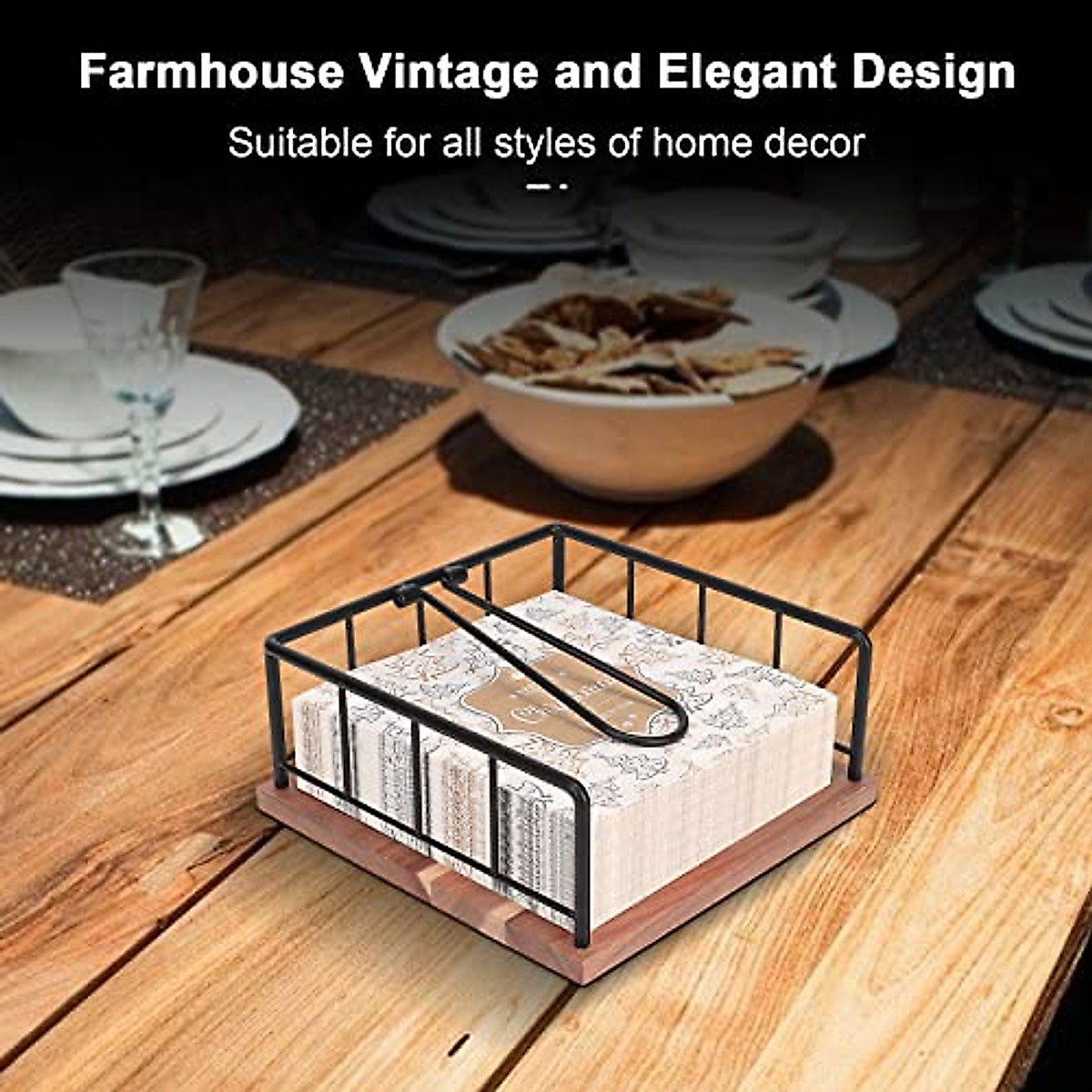 Livabber Flat Napkin Holder, Metal Kitchen Napkin Holder with Weighted Tension Arm Rustic Tissue Paper Dispenser for Countertop, Table Kitchen, Dining Room (With Wooden Base, Black)