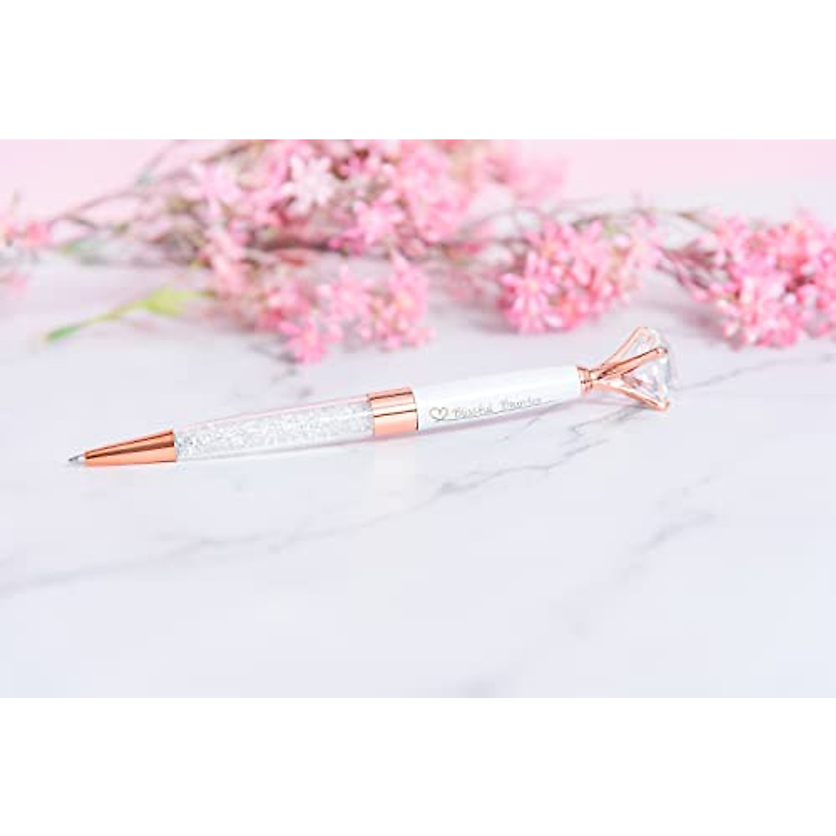Blissful Bounty Diamond Metal Ballpoint White Pen in Rose Gold with Black Ink | 4 Ink Refills | 6.1 Inches Long