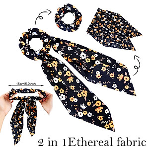 Chuangdi 10 Pcs Hair Scrunchies Hair Scarf with Ribbon Bunny Ears Chiffon Floral Bow Ponytail Holder Boho Elastic Floral Ropes 2 in 1 Vintage Accessories for Women