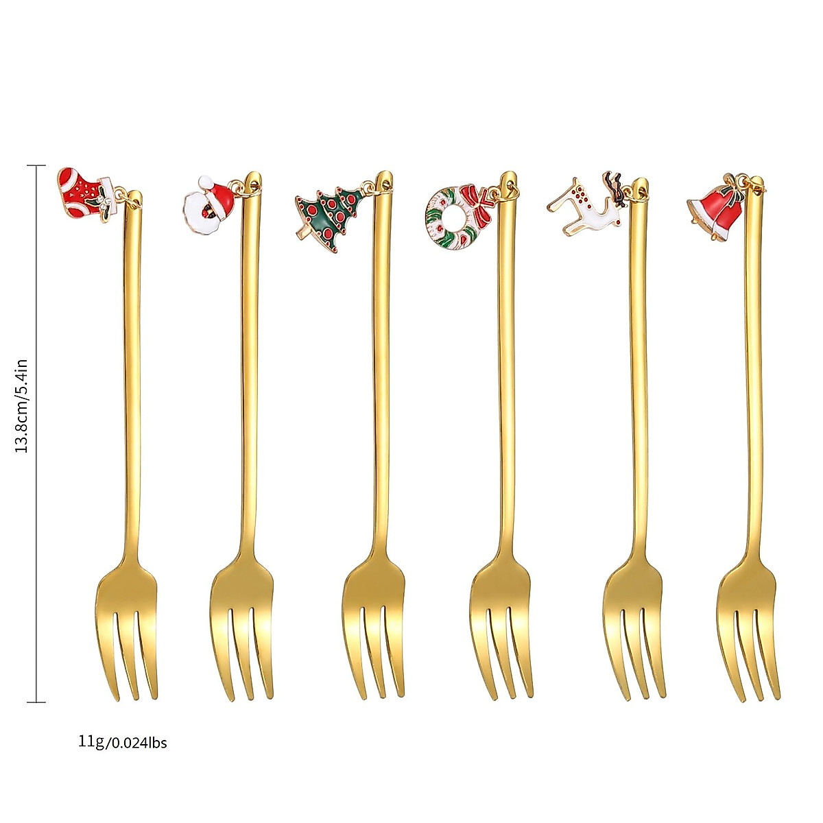 A · HOUSEWARE Dessert Forks Gold Christmas Silverware Set Stainless Steel Flatware Small 6 Pieces Appetizer Utensils With Xmas Charms Handle for Festival Parties and Everyday Use