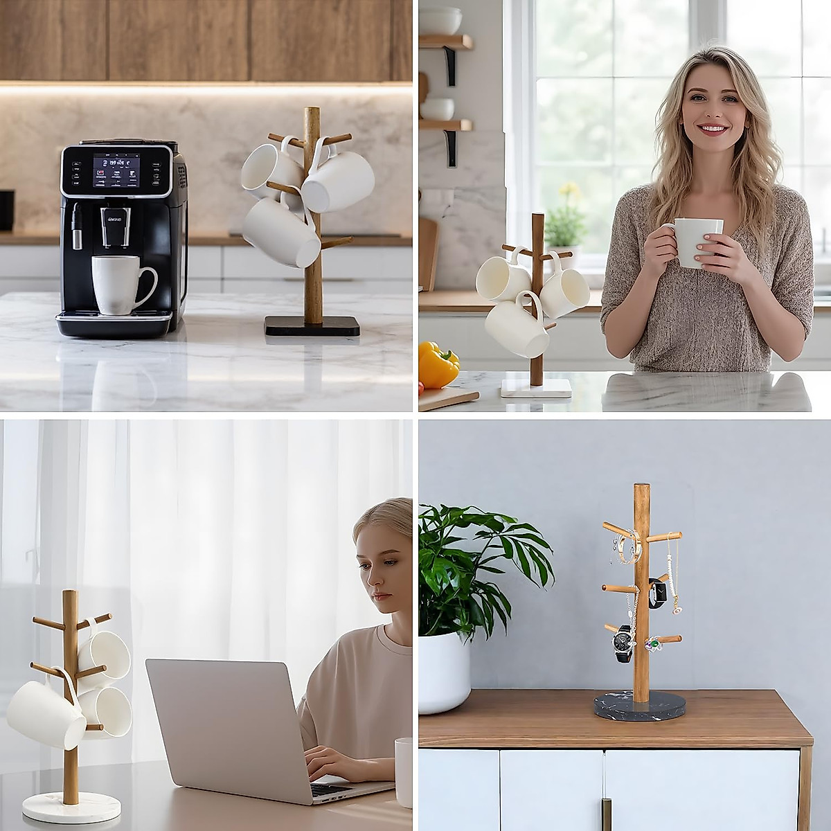 Buruis Wood Mug Holder, Marble Base Cup Rack Tree, Mug Stand Hanger, Kitchen Coffee Mug Tree Countertop Tea Cups Holder Stand, Coffee Cup Dryer with 6 Hooks