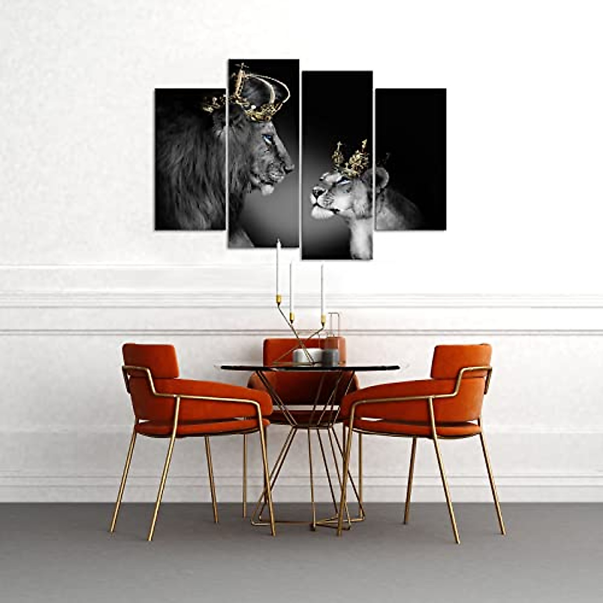 Large 4 Panel Wall Decor The Lion King and Queen with Crown Wall Art African Wild Animals Canvas Prints Pictures Black and White Modern Giclee Framed Artwork for Bedroom Bathroom Master Room Ready to Hang 48x33inch