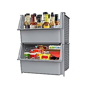 Skywin Plastic Stackable Storage Bins for Pantry - Stackable Bins For Organizing Food, Kitchen, and Bathroom Essentials (Grey, 2-Pack)