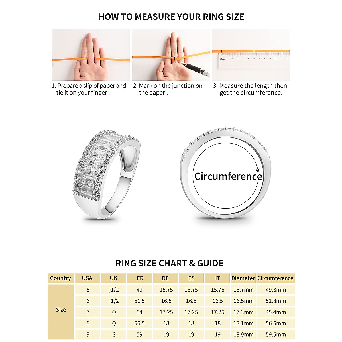 Beutirer 18K Gold Plated Rings for Women, 3-Row 5A Cubic Zirconia Ring Baguette Band Engagement Eternity Rings for Teen Girls Birthday Valentine's Day Anniversary Wedding Rings Size 5 6 7 8 9