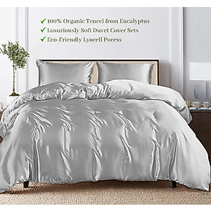 Linenwalas Tencel Lyocell Duvet Cover Set with Deep Pocket Fitted Sheet, Viscose Made from Eucalyptus Soft, Lightweight and Breathable Complete Bedding Set (Silver, King)