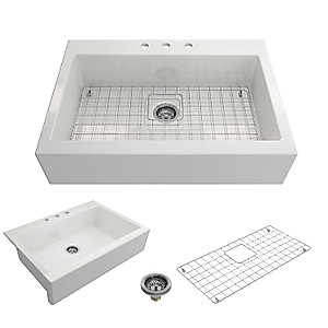 BOCCHI Nuova Apron Front Drop-In Fireclay 34 in. Single Bowl Kitchen Sink with Protective Bottom Grid and Strainer in White
