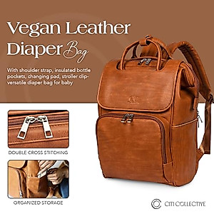 Citi Collective Explorer Brown Diaper Bag Backpack - Vegan Leather Diaper Bag with Shoulder Strap, Insulated Bottle Pockets, Changing Pad, Stroller Clip- Versatile Diaper Bag for Baby