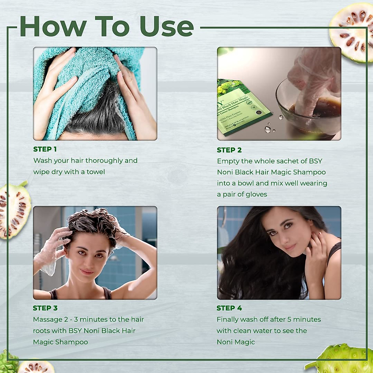 BSY Noni Black Hair Magic Shampoo - Natural 5 Mins Ammonia-Free Shampoo Hair Color, Permanent Hair Dye, 20x0.67 Fl Oz