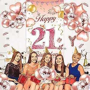 DPKOW Rose Gold 21st Birthday Party Decoration for Woman, Rose Gold 21st Birthday Banner for Backdrop Door Decoration,21st Birthday Background Banner for Garden Wall Decoration, 185 x 90cm Fabric
