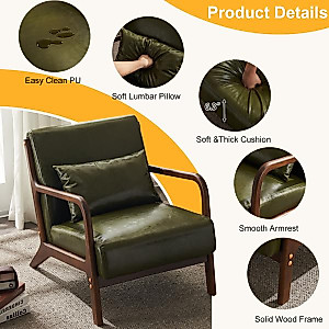 Flulep 80 * 65 * 73cm Single Seat B Style Backrest Without Buckle with Pillow PU Walnut Oak Armrests Indoor Leisure Chair Dark Green
