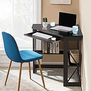 VECELO Corner Computer Desk 41 x 30 inches with Smooth Keyboard & Storage Shelves for Home Office Workstation, Black